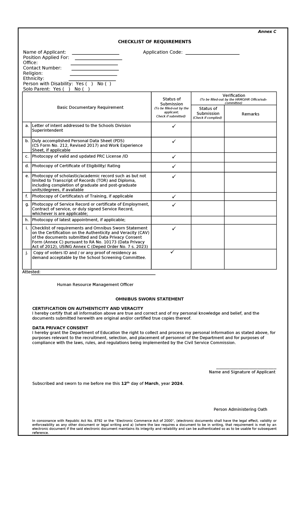 Omnibus-FORM - OMNIBUS GUIDE - Annex C CHECKLIST OF REQUIREMENTS Name ...