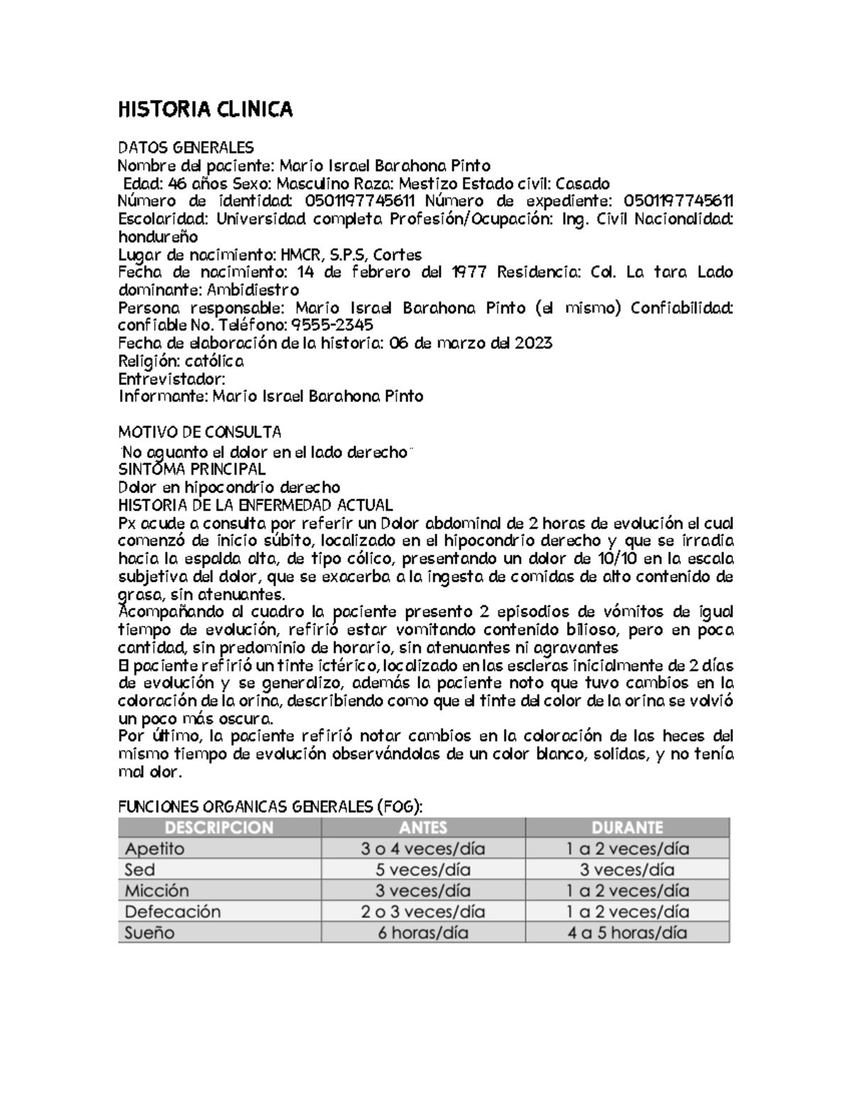 Historia Clinica-1 - Nauseas, Vomito, Dolor Abdominal, Ictericia ...