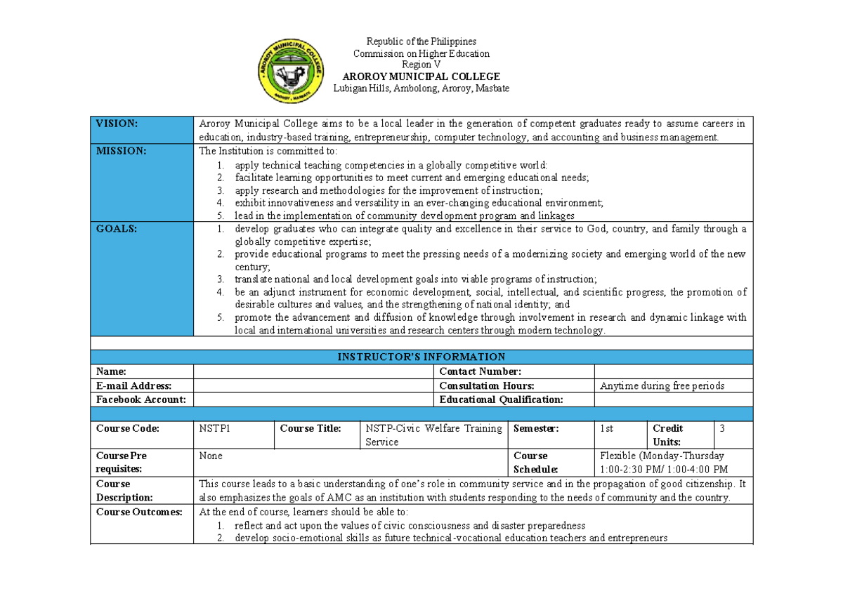 NSTP 1 Syllabus: Community Service & Civic Engagement Goals - Studocu