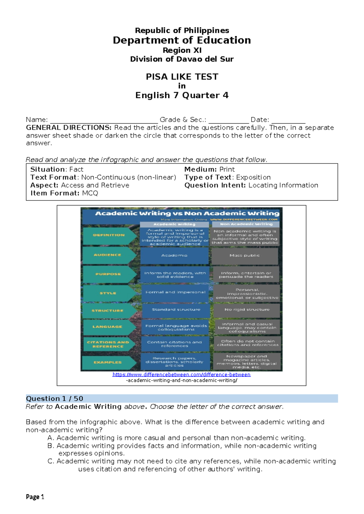 English 7 Q4 PISA-Like Test Questions and Answers Guide - Studocu