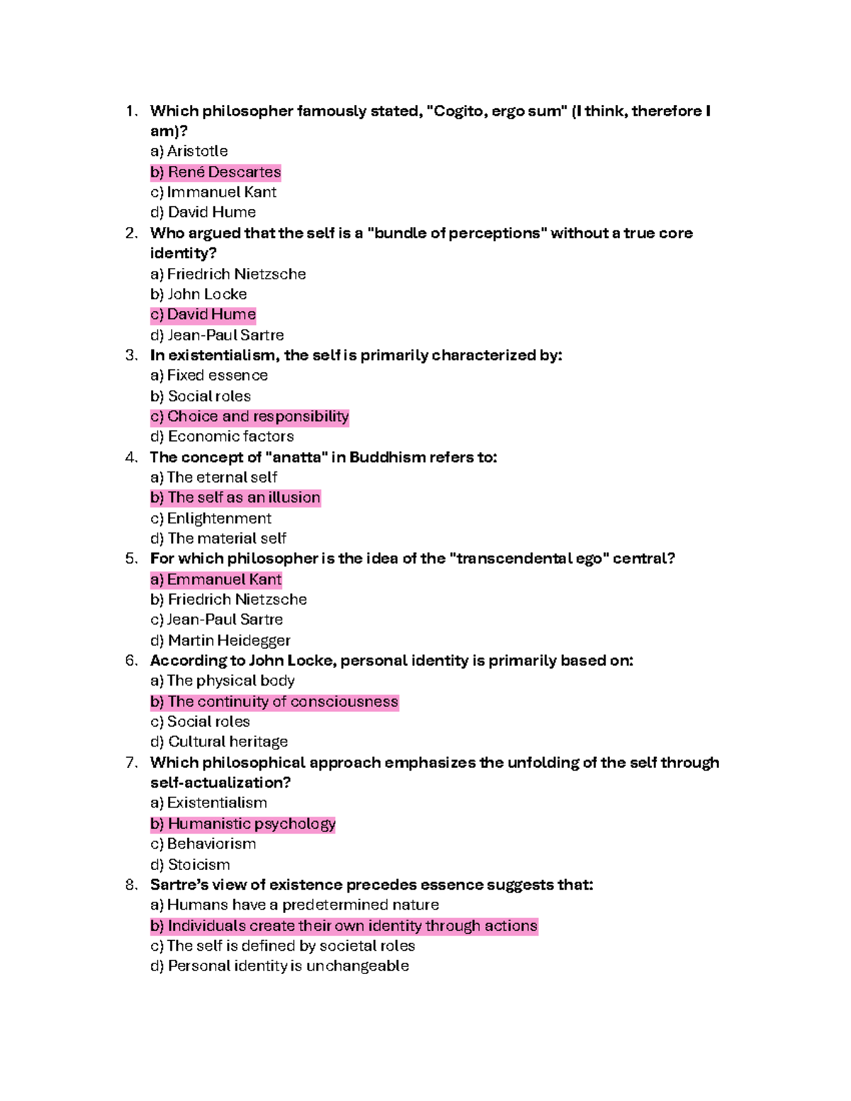 Philosophy Quiz: Exploring the Self and Identity Concepts (PHIL101 ...