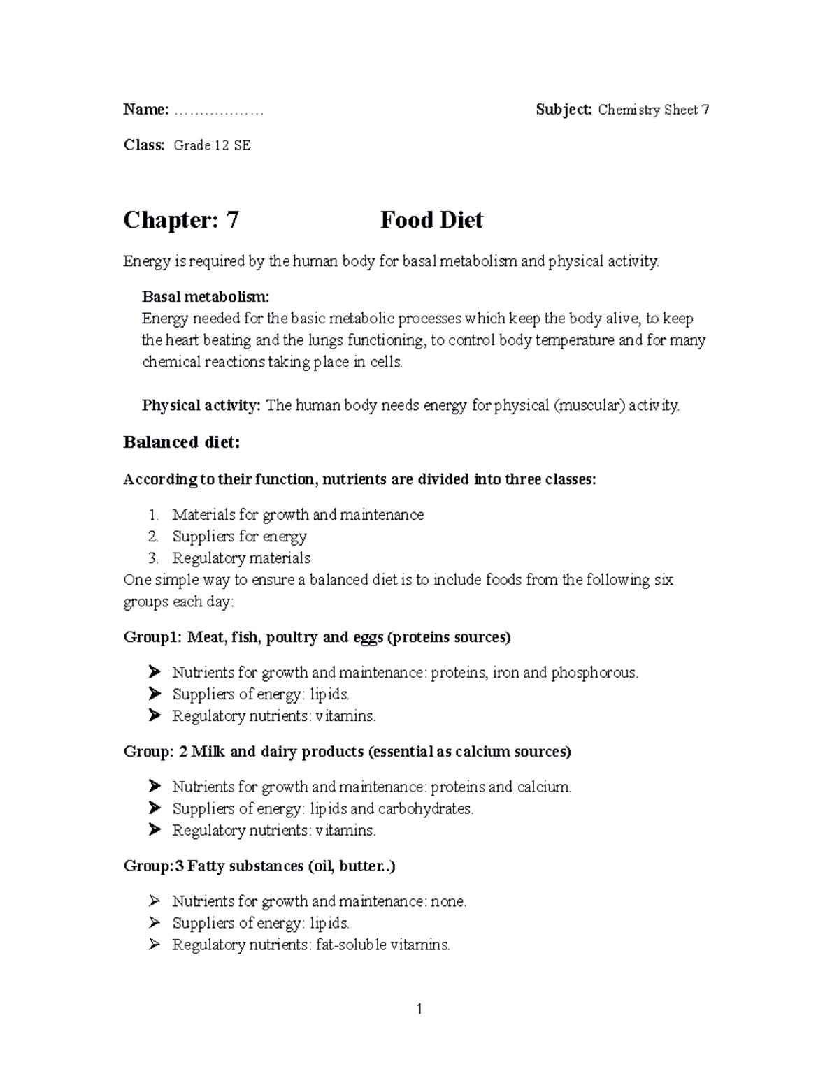 Grade 12 SE: Lecture Notes on the 7 Food Diet for Health - Studocu
