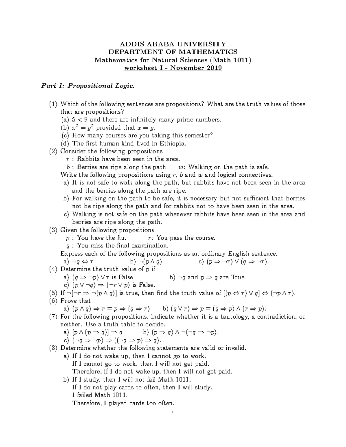 AAU Math 1011 Worksheet II: Propositional Logic & Set Theory - Studocu