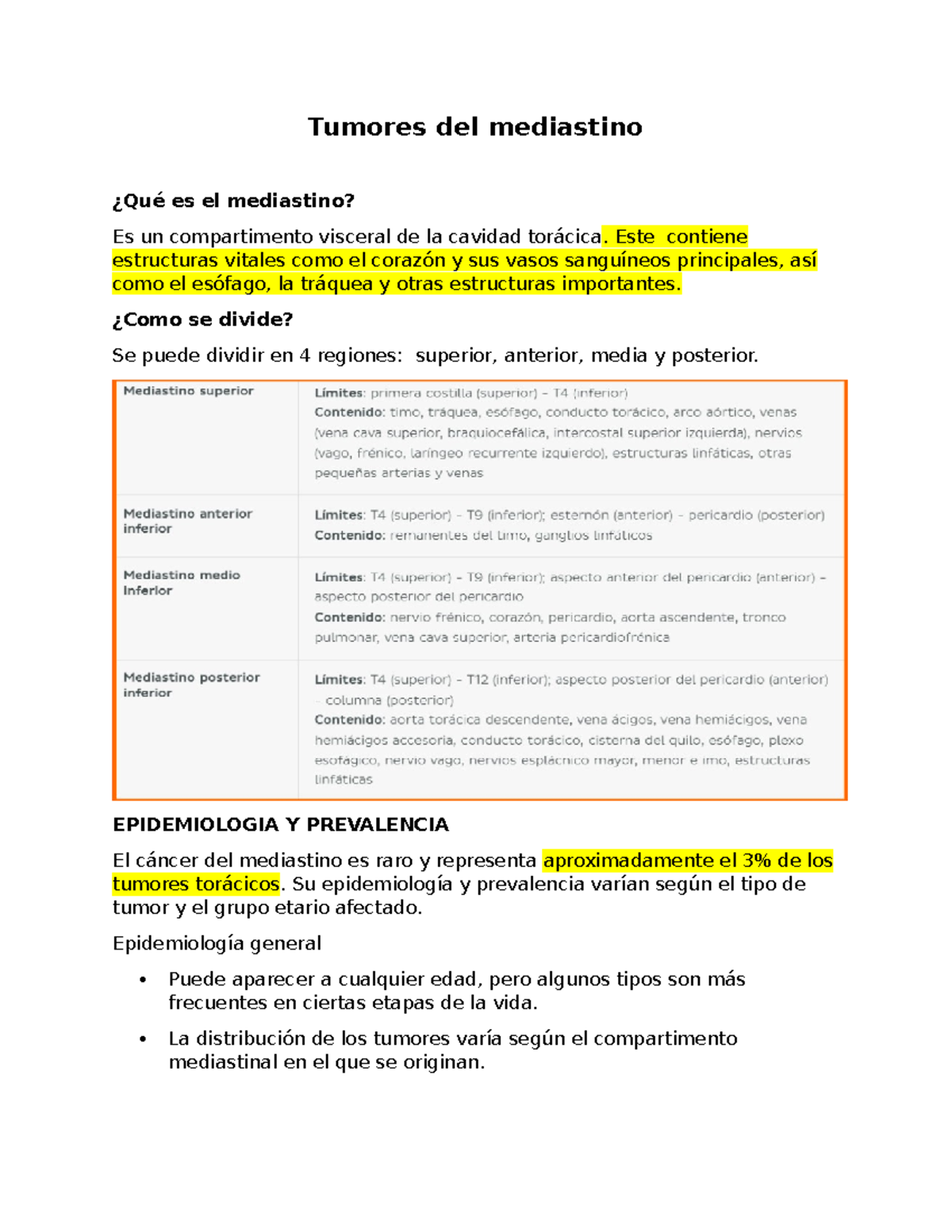 Resumen de Tumores del Mediastino: Epidemiología y Clasificación - Studocu