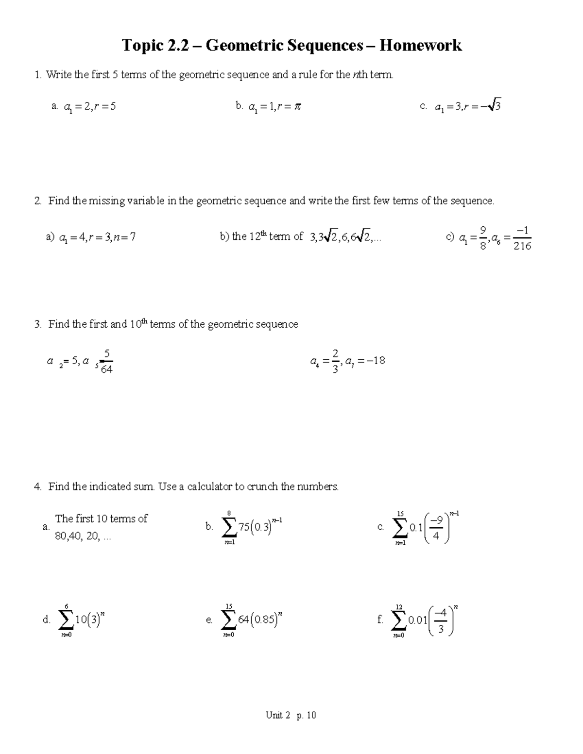 HW 2.2 Geometric Sequences: First 5 Terms & nth Term Rule - Studocu