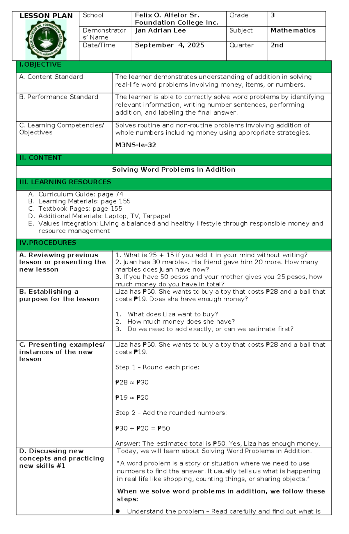 MATH 3 - Lesson Plan on Solving Word Problems in Addition - Studocu