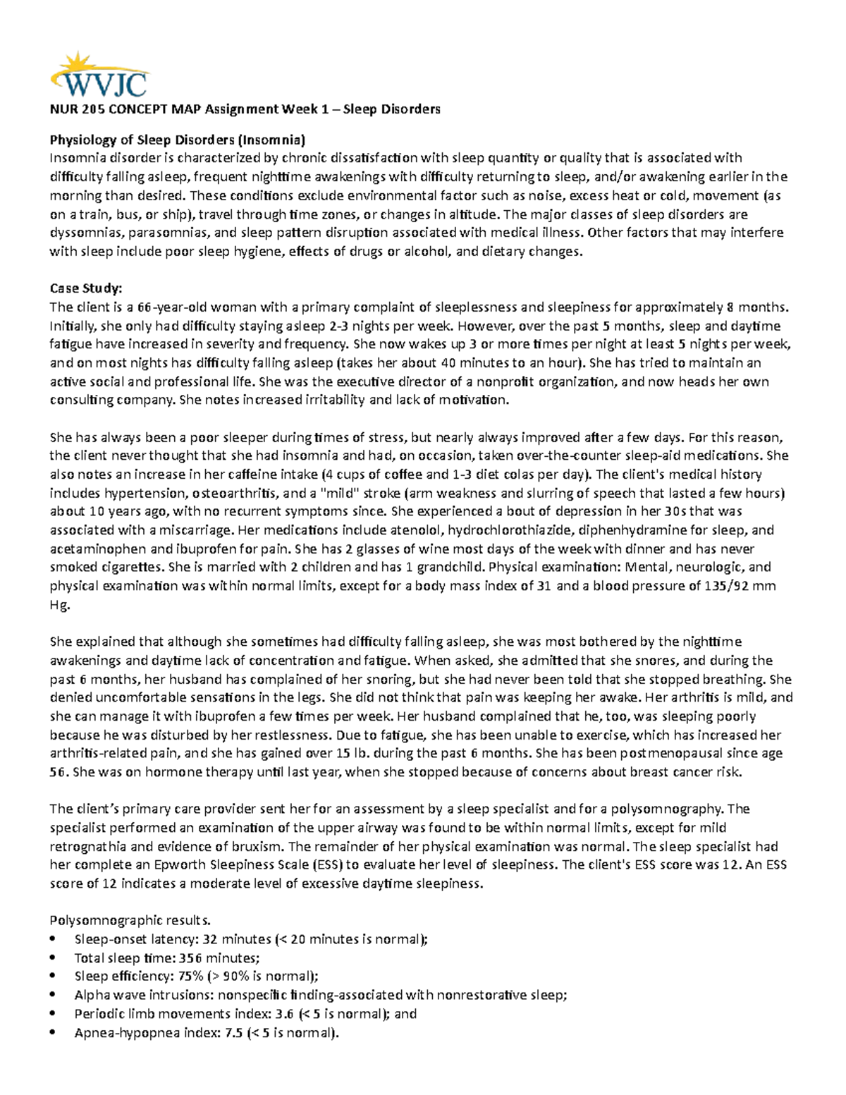NUR 205 Week 1 Concept Map: Understanding Sleep Disorders and Insomnia ...