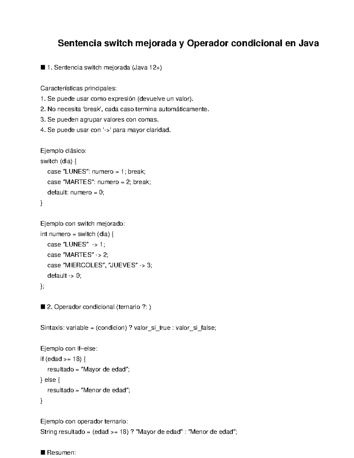 Switch Mejorado y Operador Condicional en Java: Resumen y Ejemplos - Studocu