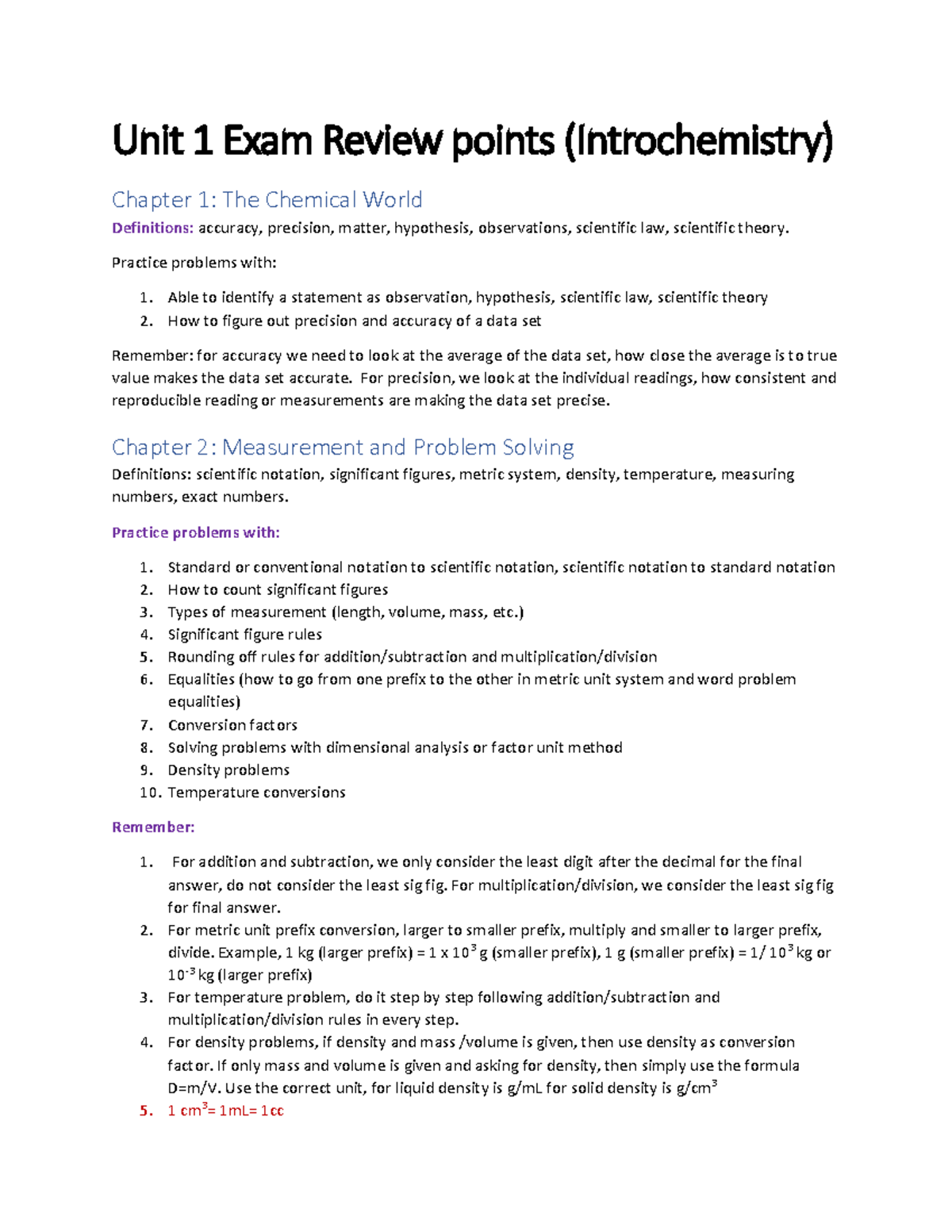 Unit 1 Exam Review (Introchemistry): Key Concepts & Practice - Studocu