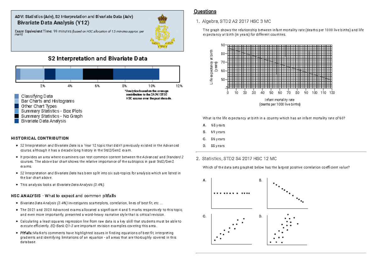 Statistics (ADV) S2: Bivariate Data Analysis Guide for Y12 - Studocu