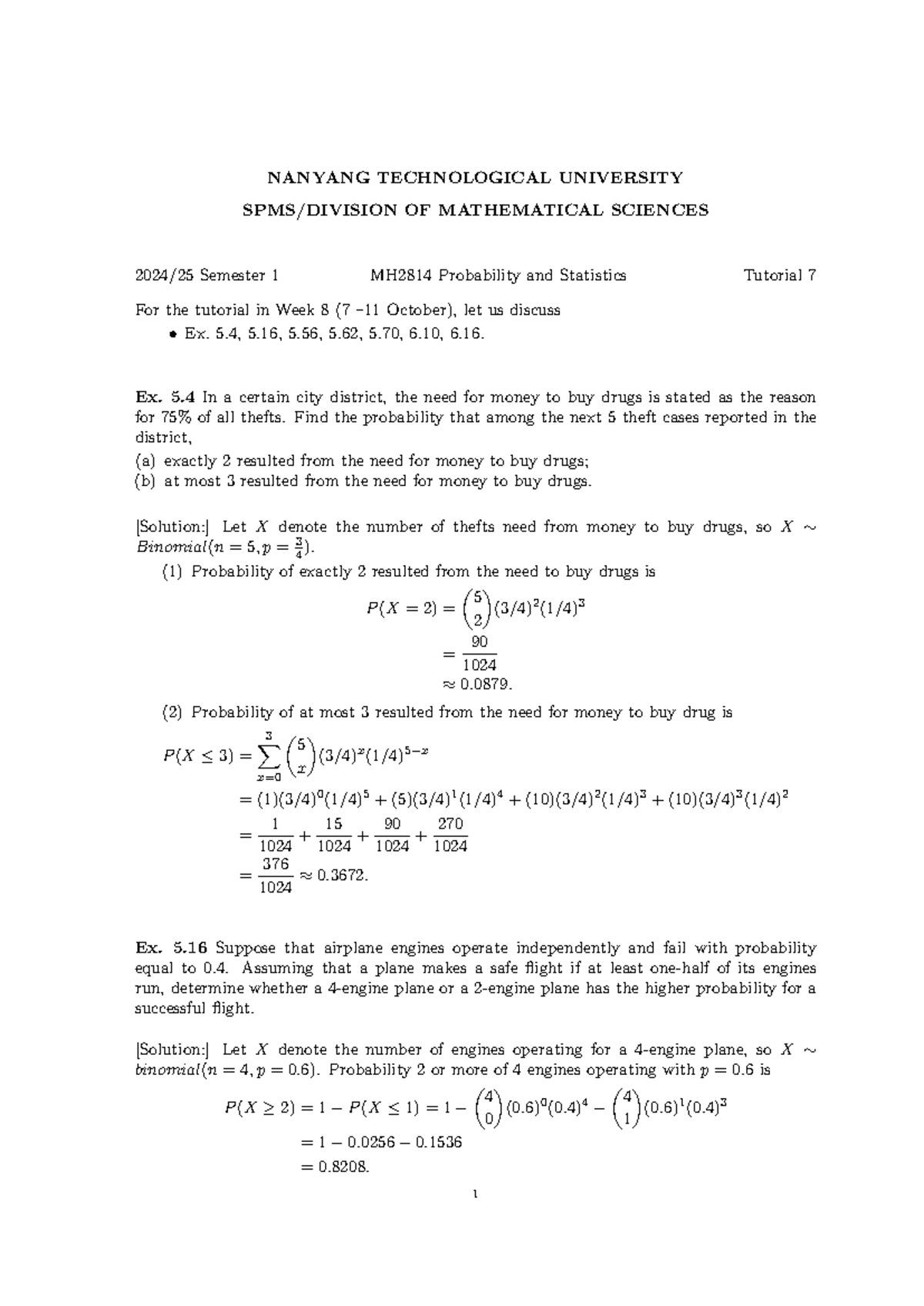 MH2814 Probability and Statistics Tutorial 7 Solutions - Studocu