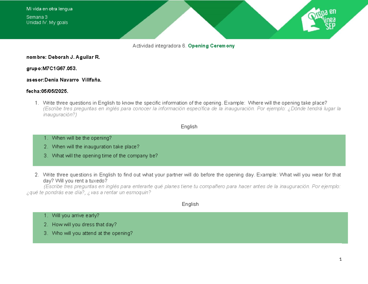 Mi vida en otra lengua: Actividad Integradora 6 - Semana 3, Unidad IV ...