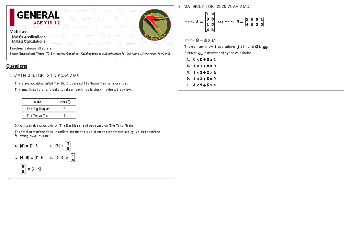 Matrices Study Guide: VCE FUR1 & FUR2 Exam Questions (2020) - Studocu