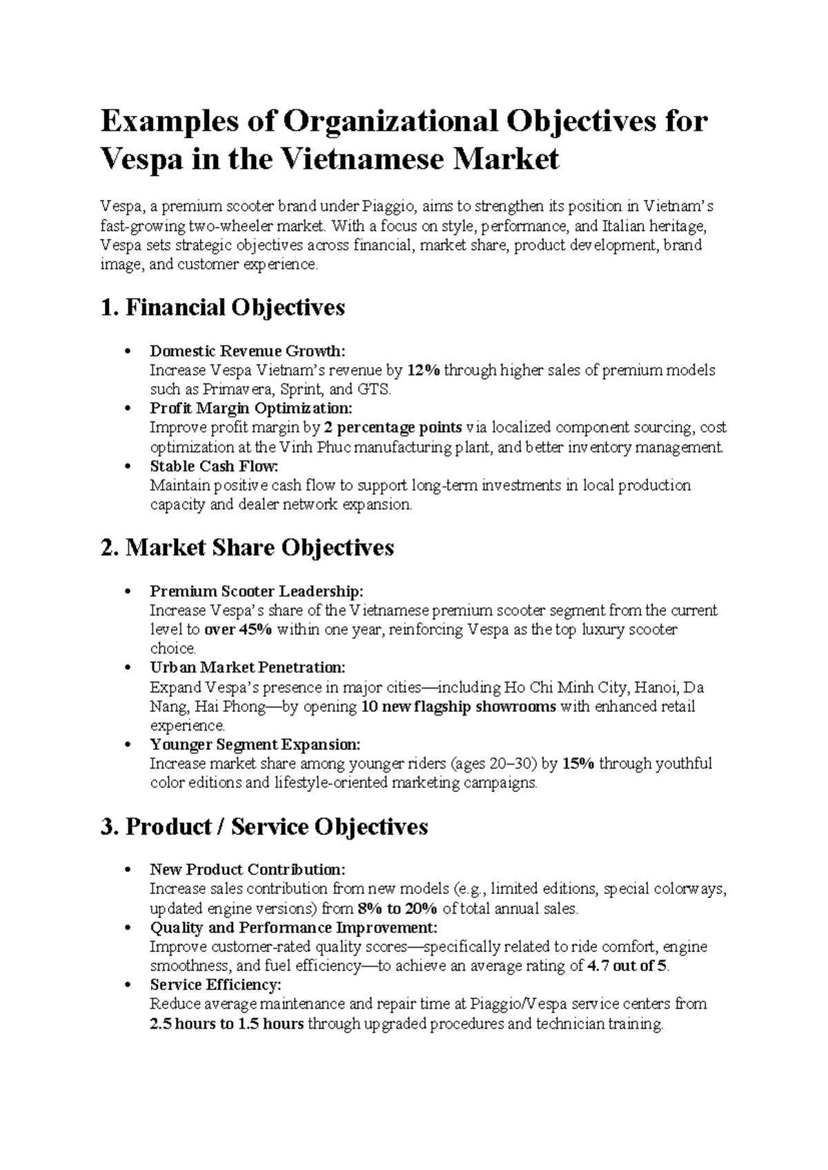 Organizational Objectives for Vespa in Vietnam Market Strategy - Studocu