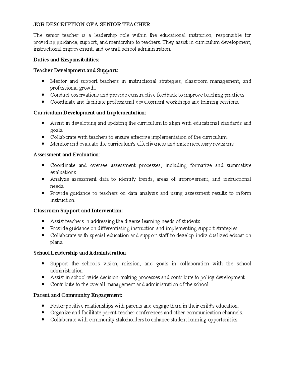 Job Description for Senior Teacher Role: Responsibilities & Duties ...