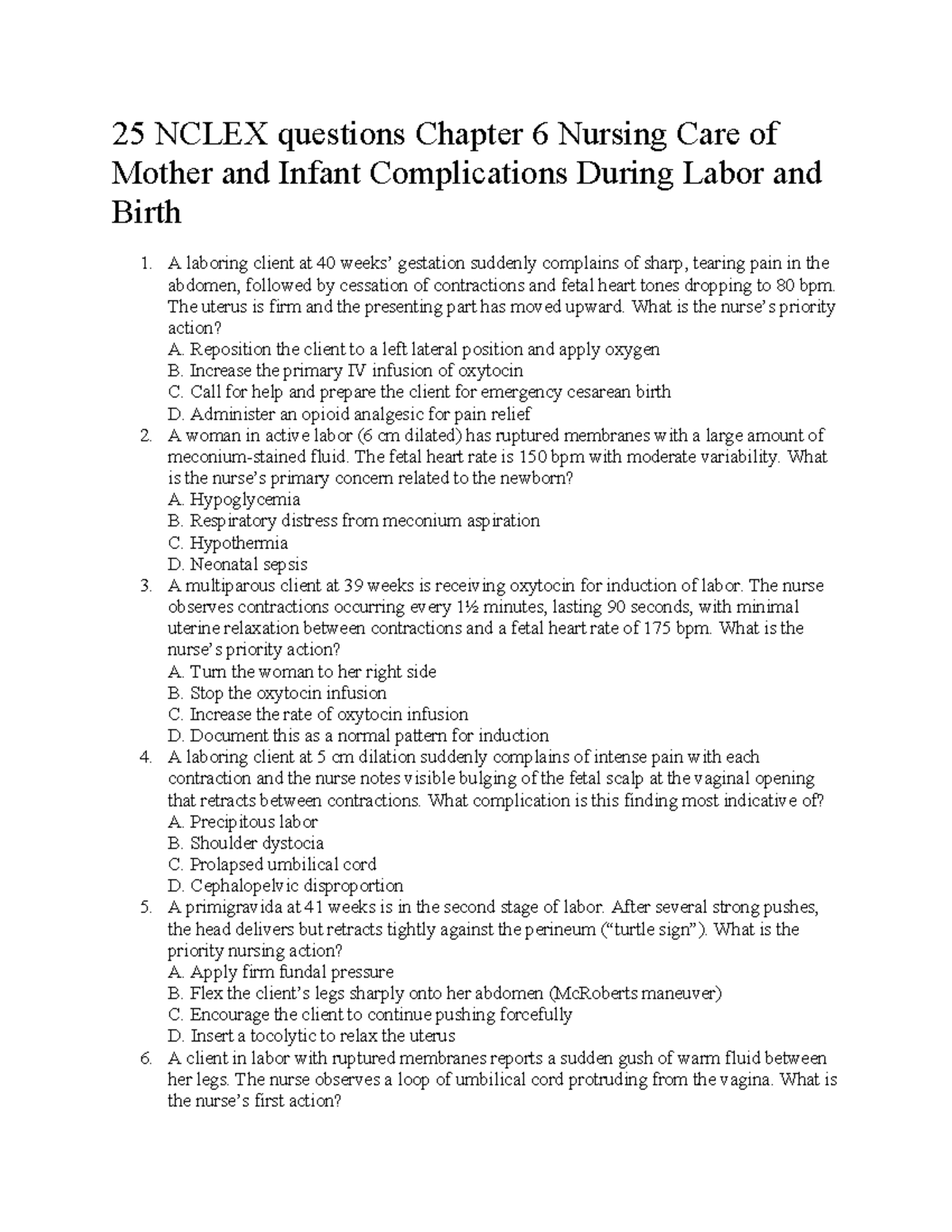 NU 170 Maternity NCLEX Questions: Chapter 6 - Complications in Labor ...