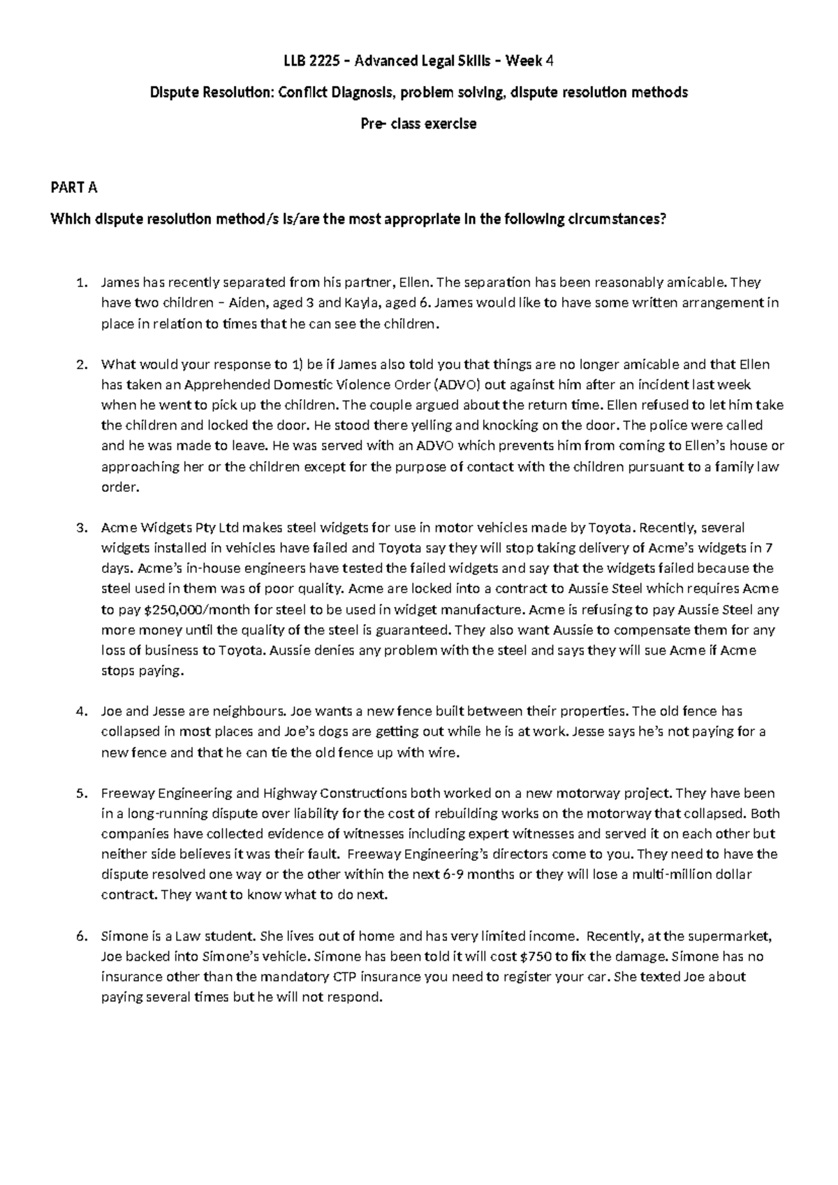 LLB 2225 Week 4 Exercise: Dispute Resolution Methods Analysis - Studocu