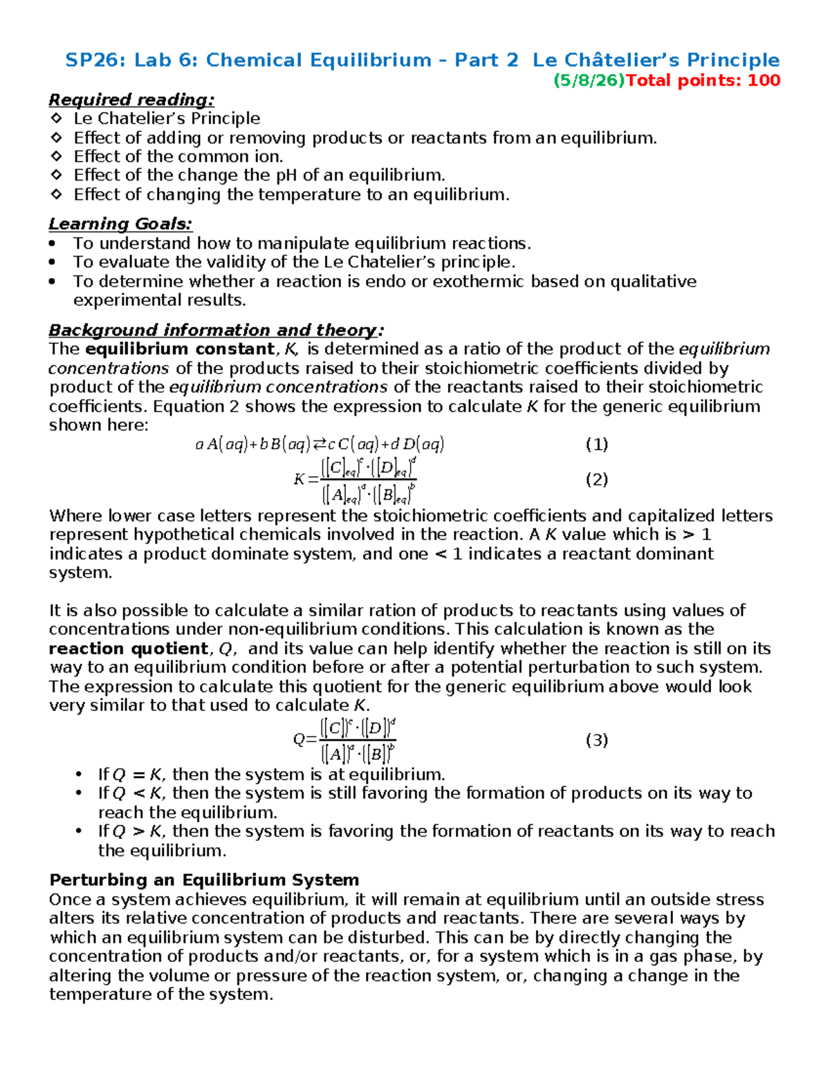 SP26: Lab 6: Chemical Equilibrium Part 2 - Le Principle Analysis - Studocu