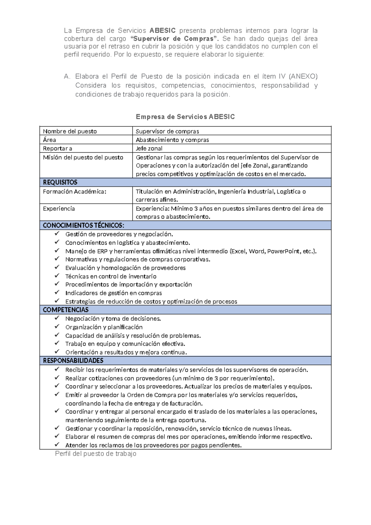 Perfil de Puesto: Supervisor de Compras - RRHH T2 - EXAMEN DE RRHH ...