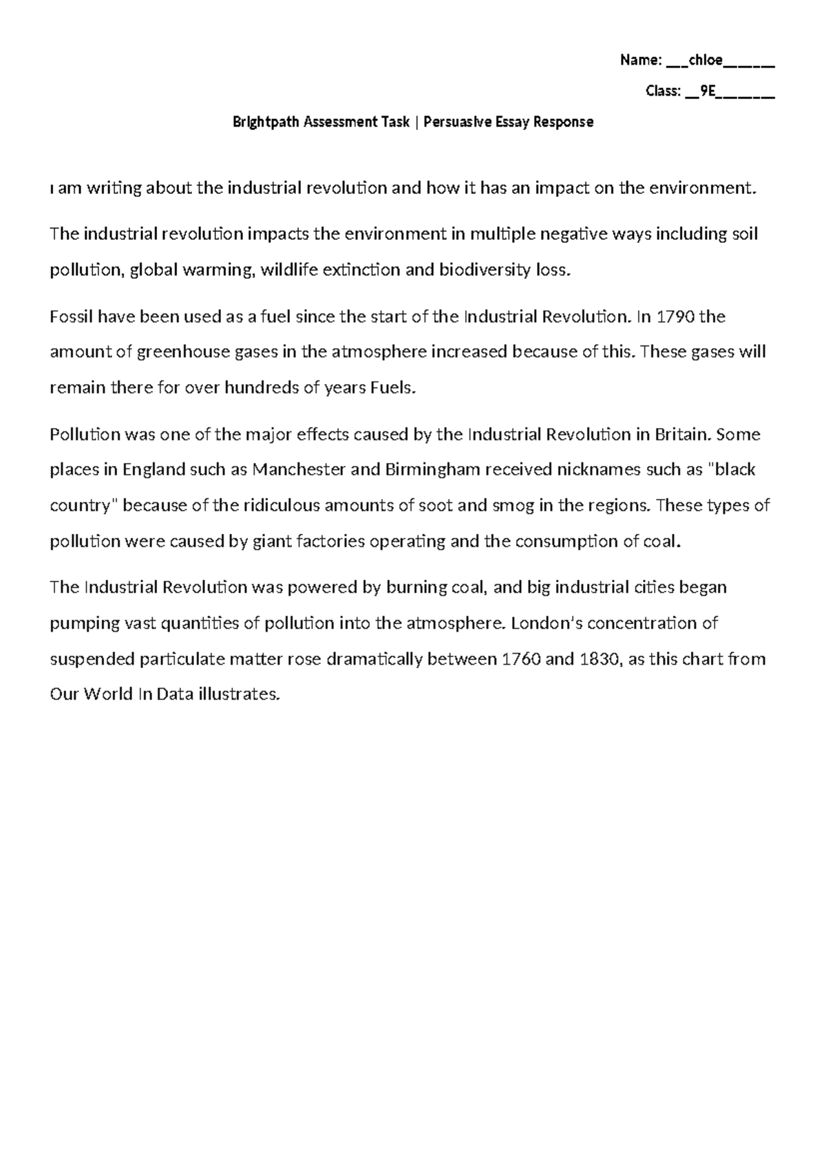 Brightpath Assessment Task: Persuasive Essay on Industrial Revolution ...