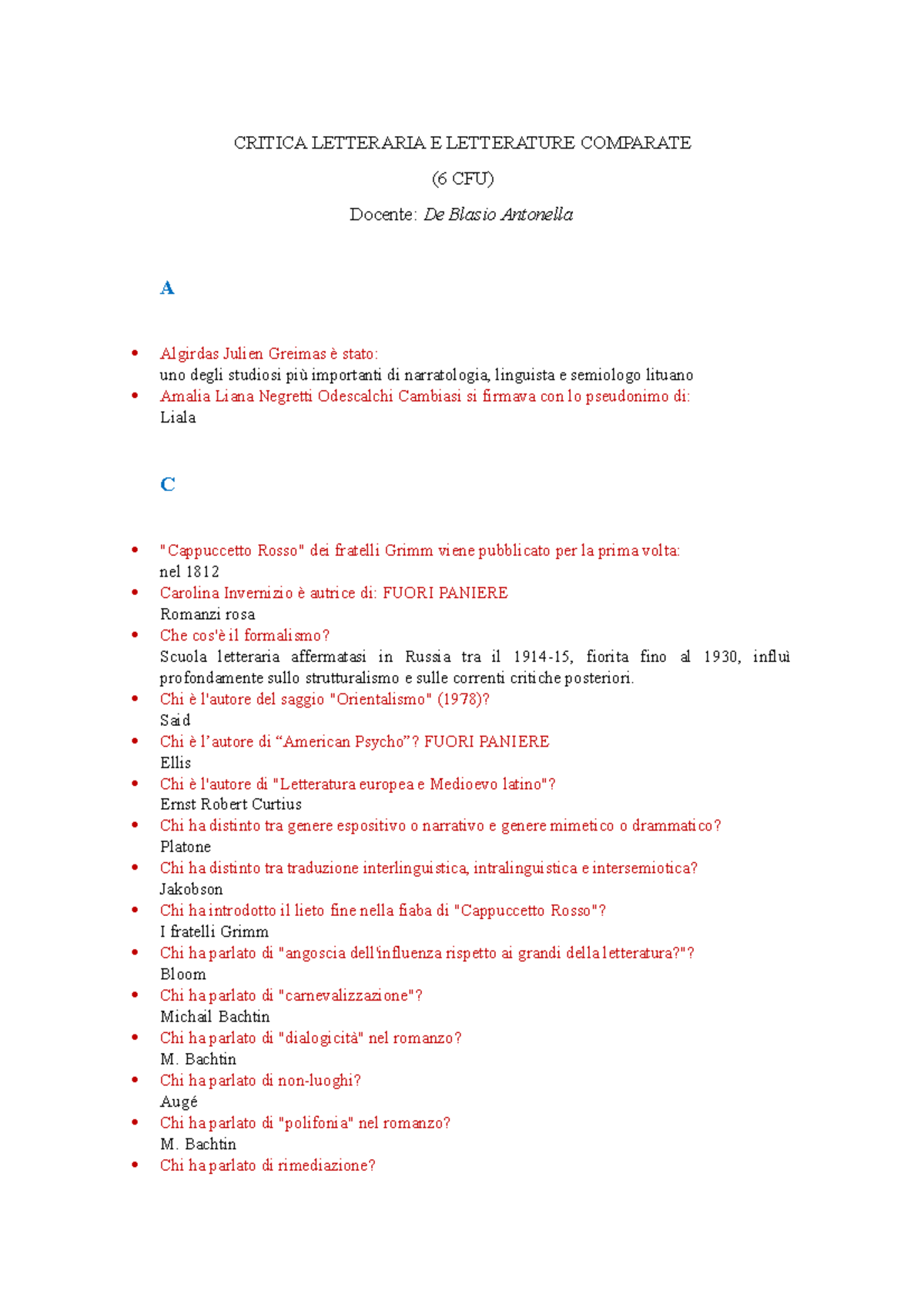 Critica Letteraria E Letterature Comparate - domande chiuse - CRITICA ...