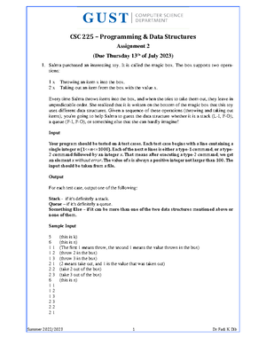 Assignment 1 - CSC 225 – Programming & Data Structures Summer 2022/2023 1 Dr. Fadi K. Dib - Studocu