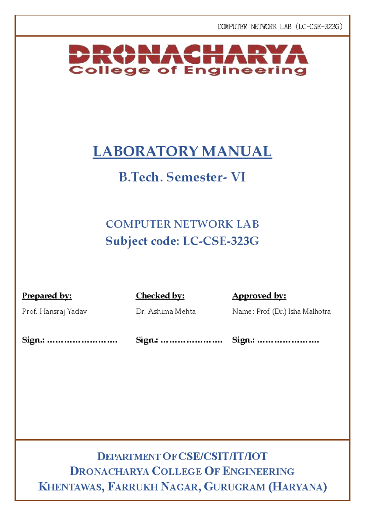 B.Tech. VI Computer Networks Lab Laboratory Manual 2022-2023 - Studocu