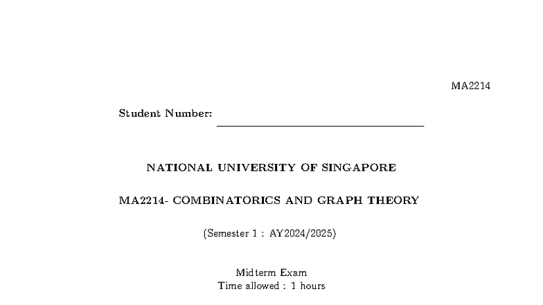 MA2214 Midterm Exam: Combinatorics & Graph Theory Solutions - Studocu