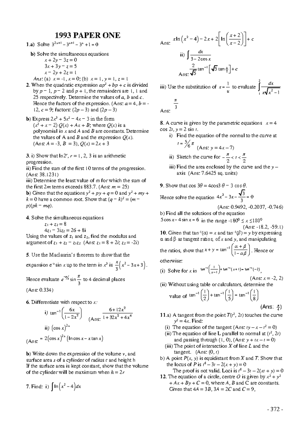 469757061 UACE Math QB 1993 2015 pdf - 1993 PAPER ONE 1 .a) Solve 32 x ...