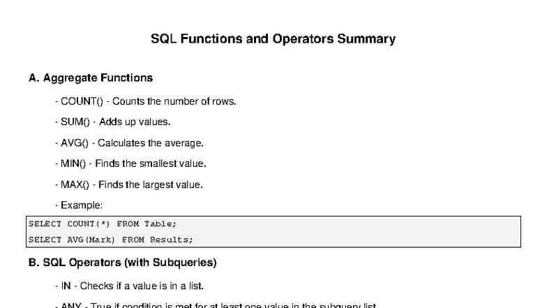 SQL Functions and Operators Summary: Key Concepts and Examples - Studocu