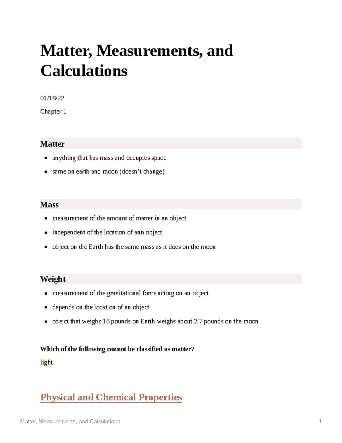 Matter Measurements and Calculations - Matter, Measurements, and ...