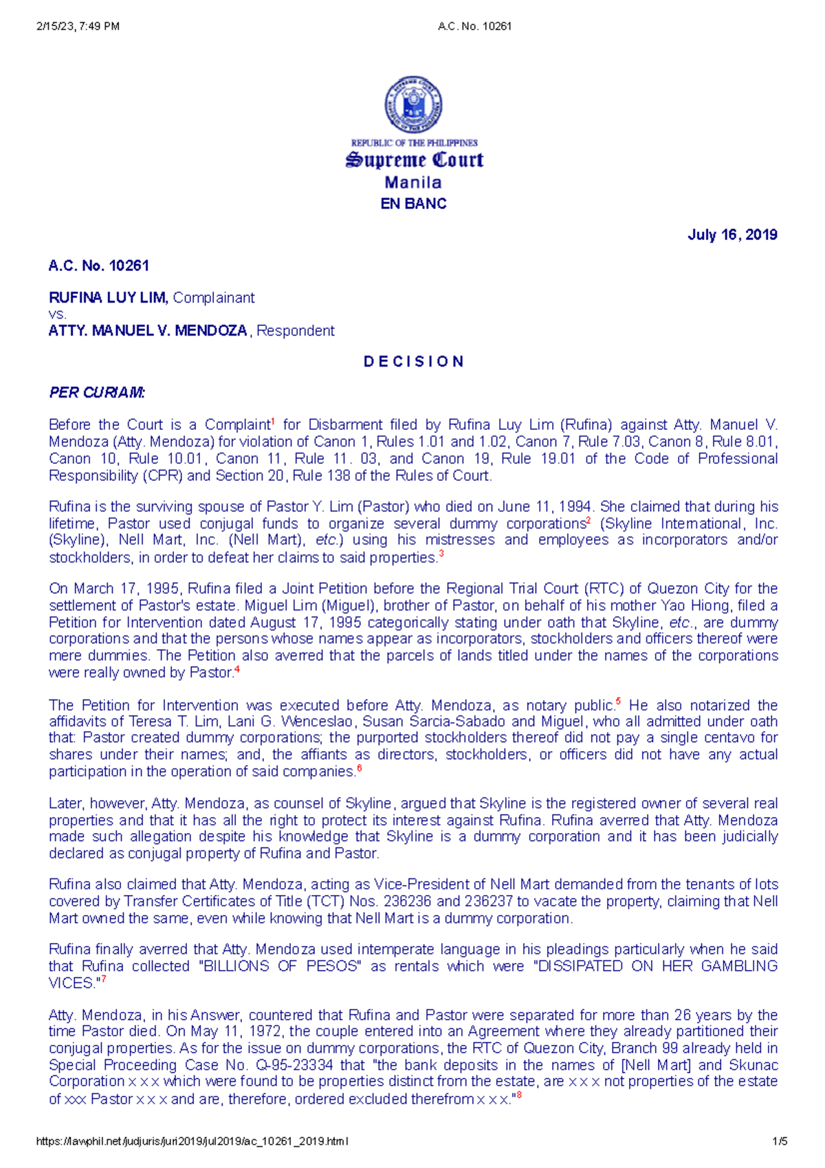 A.C. No. 10261 - Disbarment Case Digest: Rufina Luy Lim vs. Atty ...