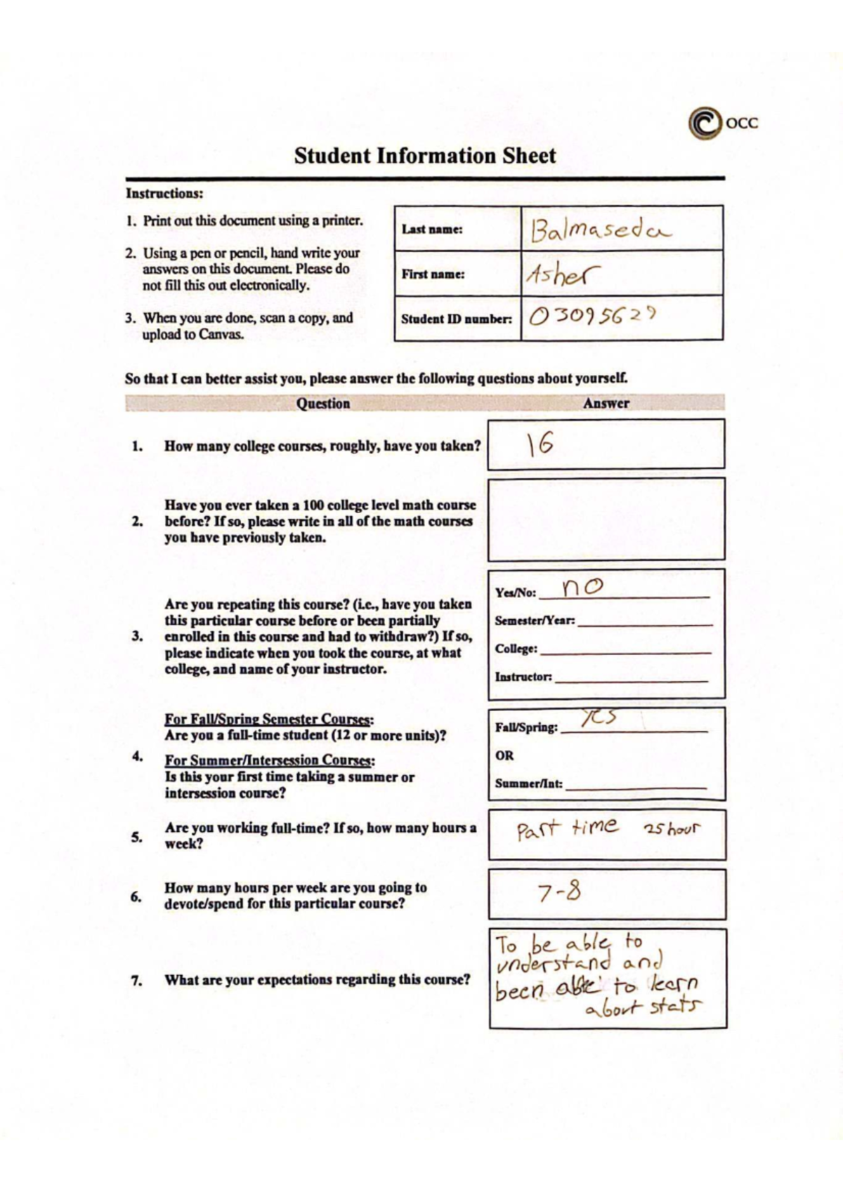 OCC Student Info Sheet: Instructions for Course Enrollment & Details ...
