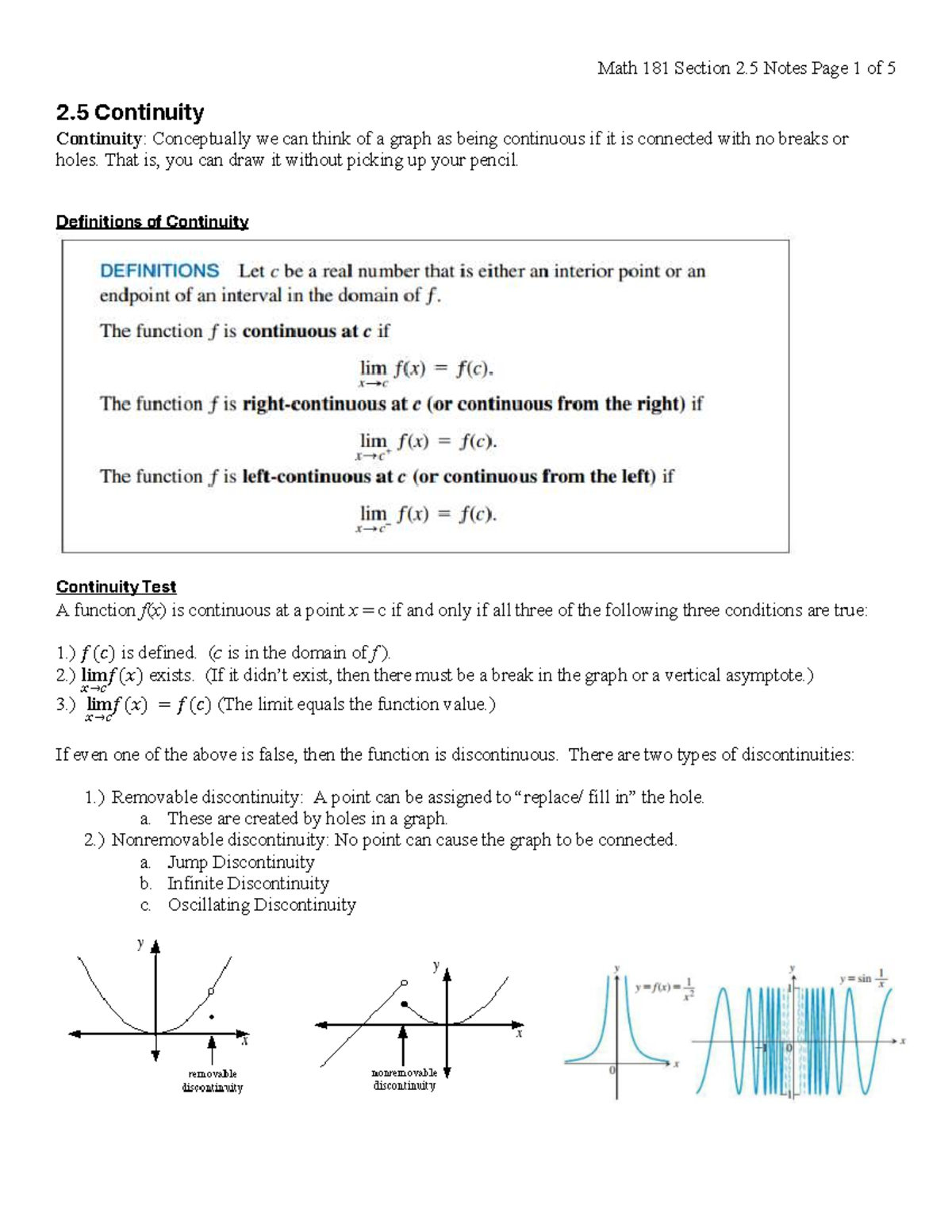 Math 181 Section 2.5 Notes: Understanding Continuity & Discontinuities ...
