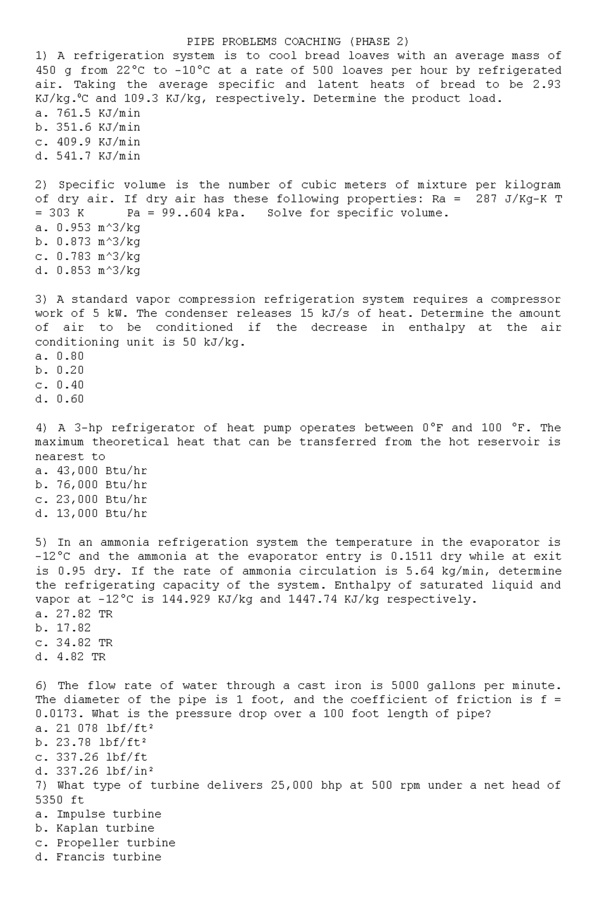 PIPE PROBLEMS COACHING (PHASE 2) - Refrigeration & Fluid Dynamics - Studocu