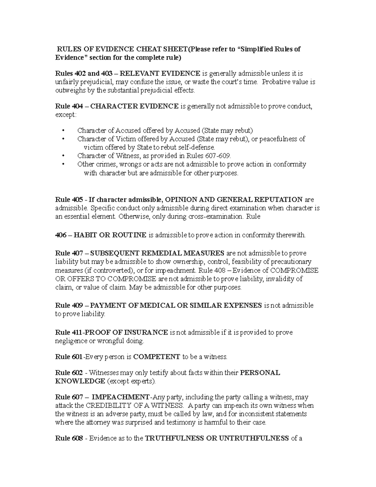 Rules of Evidence Overview Cheat Sheet for Legal Studies (LAW101) - Studocu