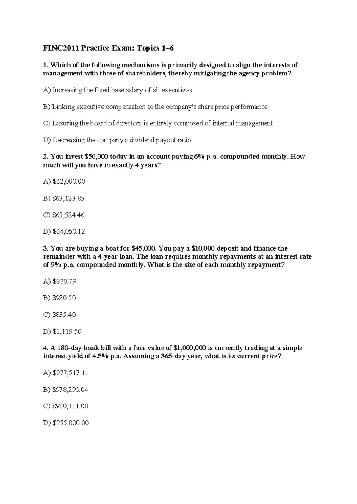 FINC2011 Tutorial Questions: Practice Exam Review and Solutions - Studocu