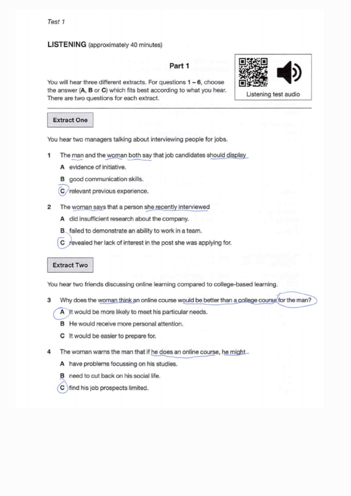 LISTENING PRACTICE TEST 1: EXTRACTS & QUESTIONS 40 MINUTES - Studocu