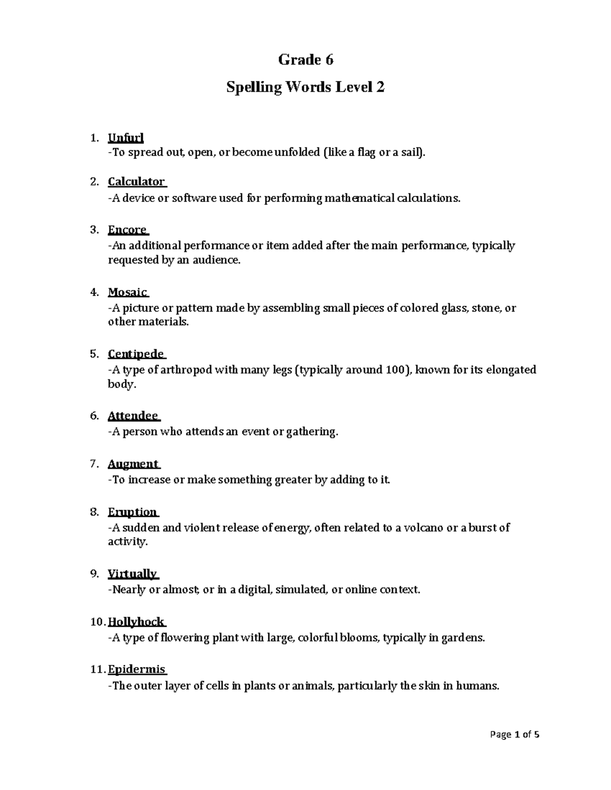 Grade 6 Spelling List Level 2 with Meanings for 2024-2025 - Studocu