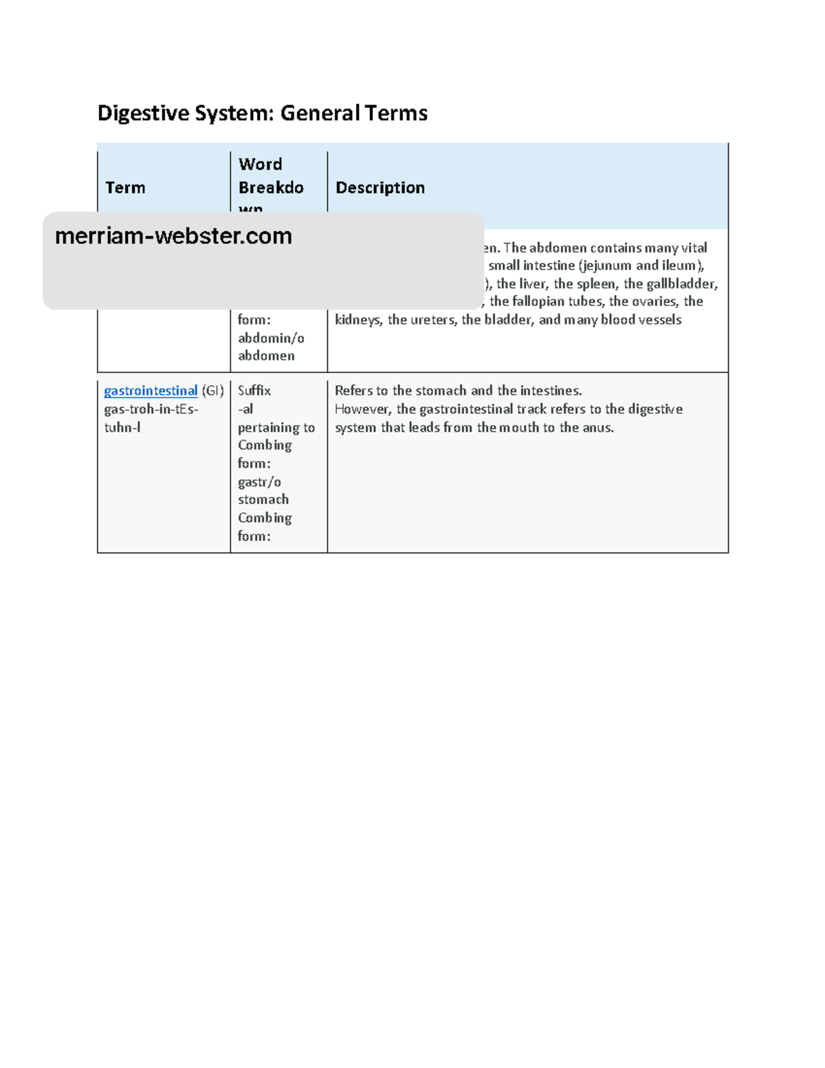Digestive System: General Terms and Definitions - Studocu