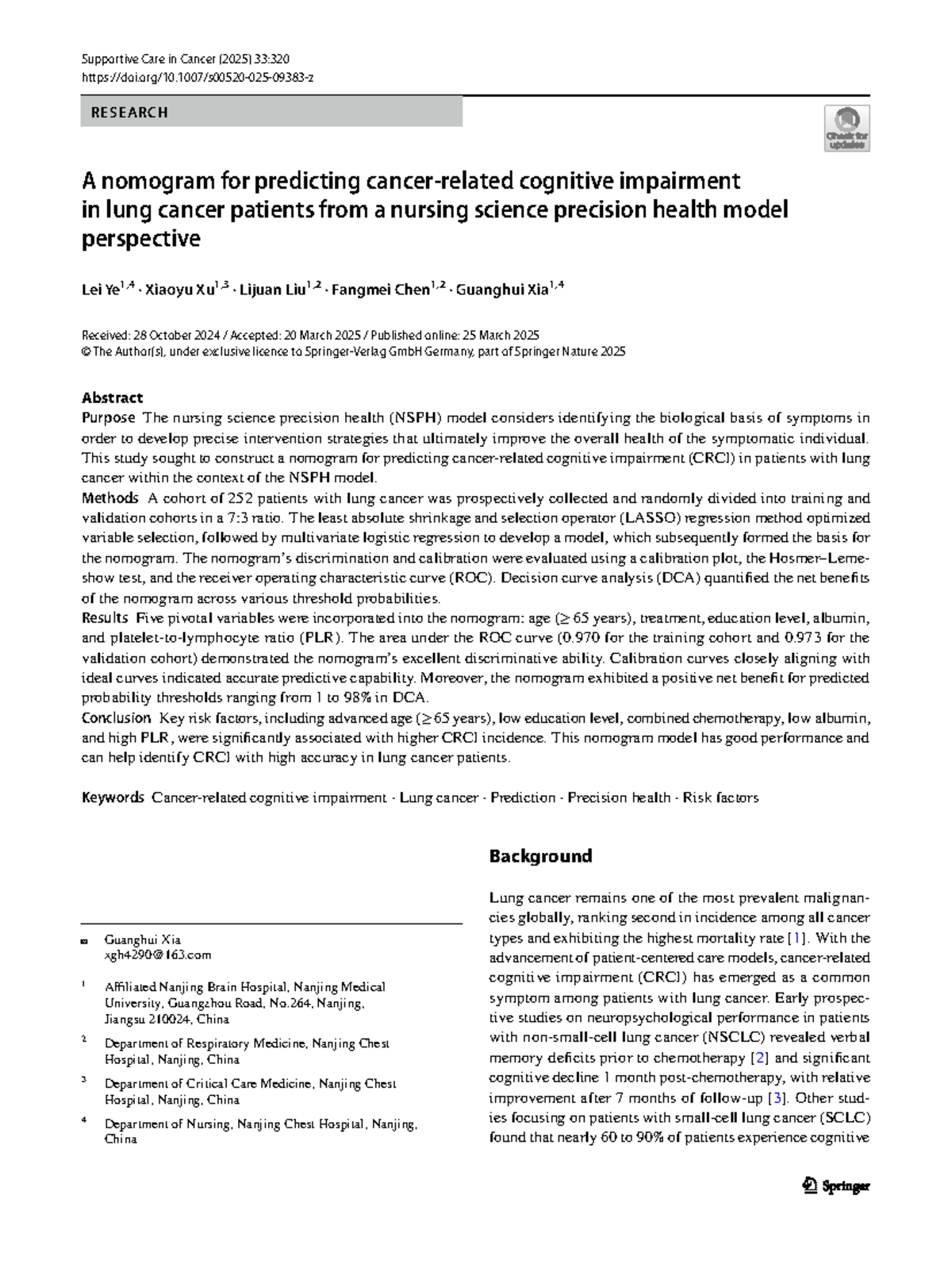 Nomogram for Predicting Cognitive Impairment in Lung Cancer Patients ...