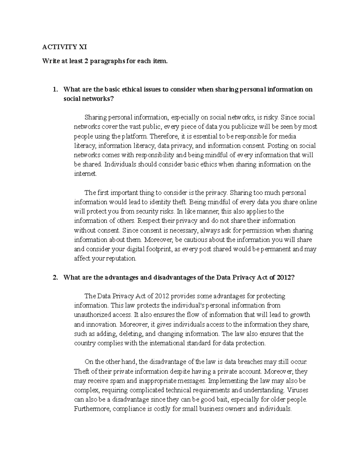 ACTIVITY XI: Ethical Issues in Sharing Personal Info & Data Privacy Act ...