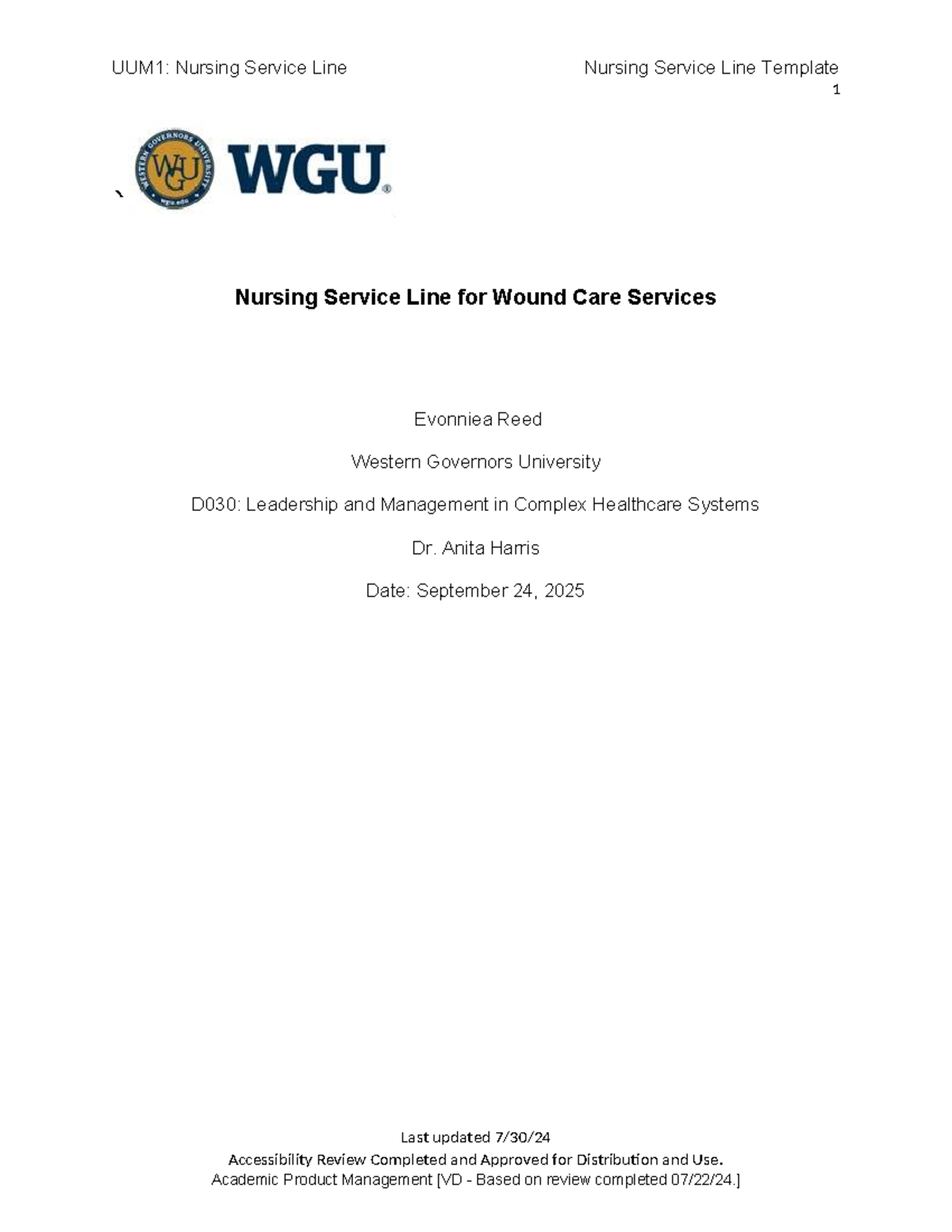 UUM1: Nursing Service Line Template for Wound Care Services D030 - Studocu