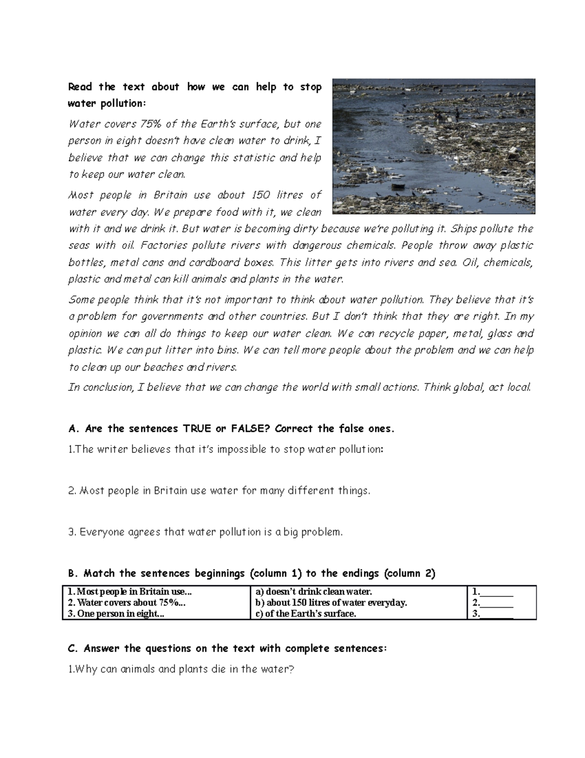 Water Pollution Comprehension Exercise - Understanding Solutions - Studocu