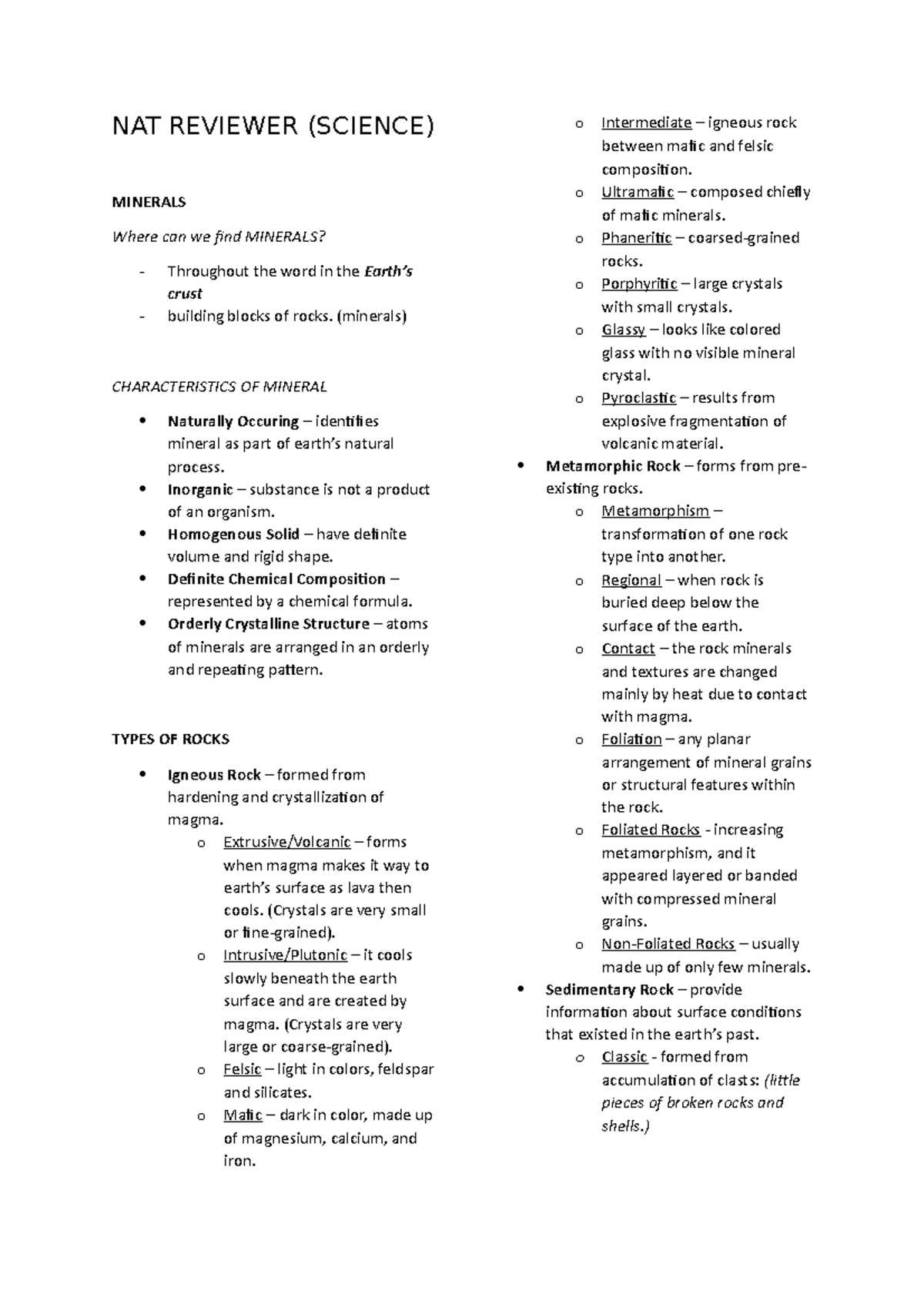 NAT Reviewer (first day exam) - NAT REVIEWER (SCIENCE) MINERALS Where ...