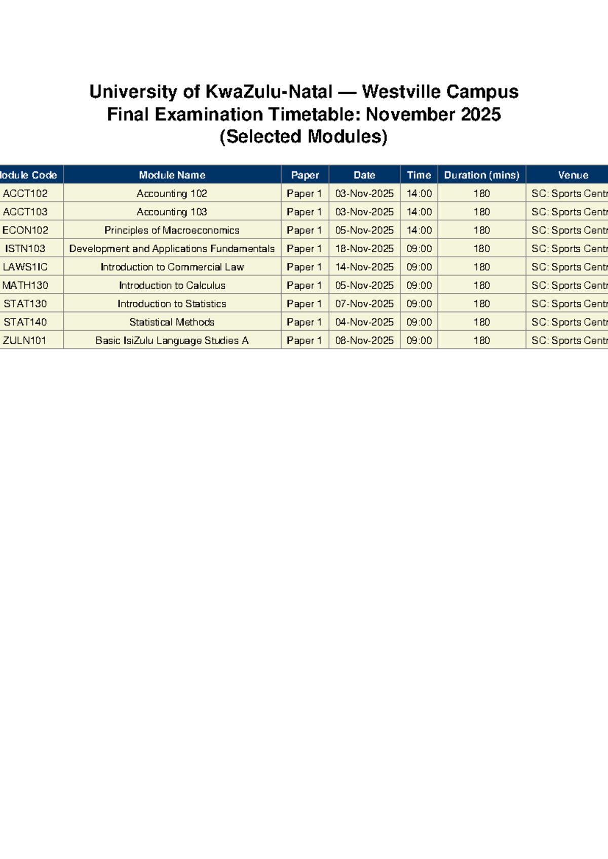 WV Final Exam Timetable: November 2025 (Selected Modules) - Studocu