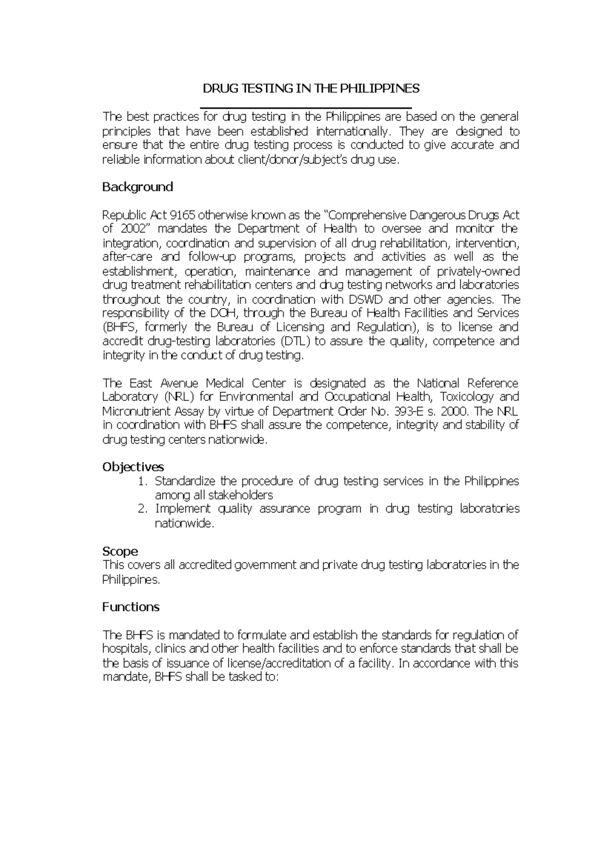 Best Practices in Drug Testing for RA 9165 in the Philippines - Studocu