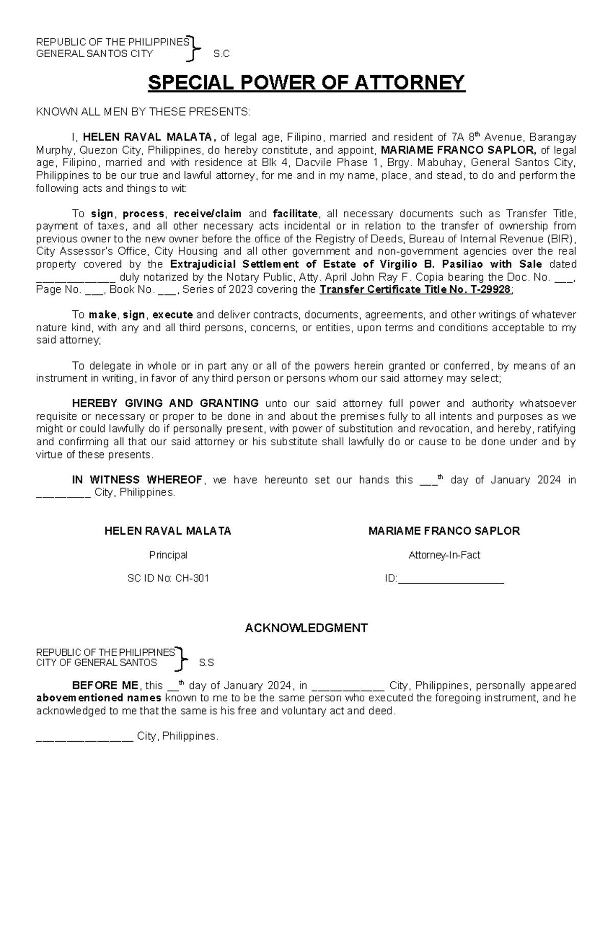 Special Power of Attorney – General Santos City Legal Document - Studocu