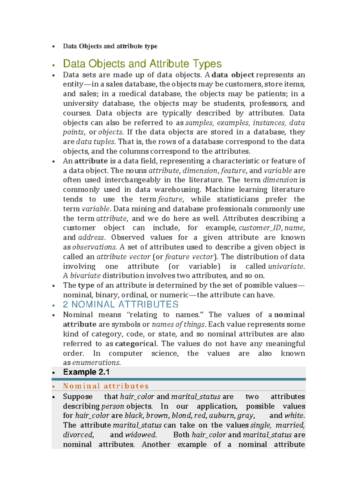 Data Objects and Attribute Types in Databases: Key Concepts - Studocu