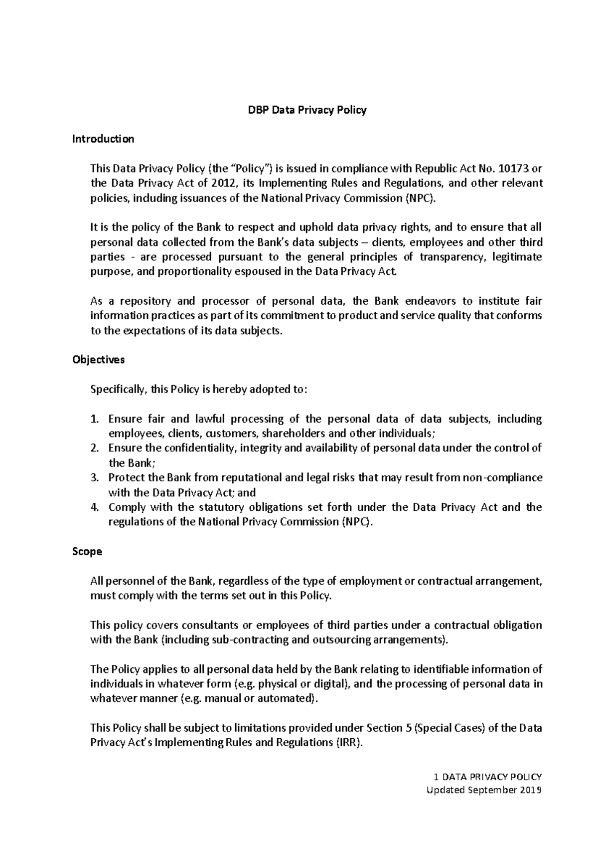 DBP Data Privacy Policy Compliance Framework and Measures - Studocu
